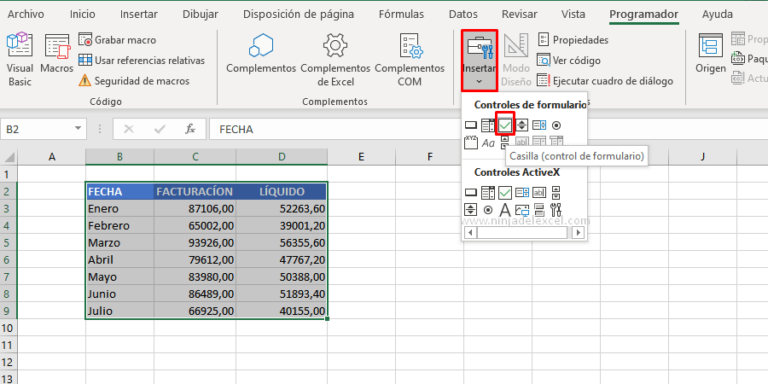 Cómo Crear una Casilla de Verificación en Excel - Enlace con Gráfico - Ninja del Excel