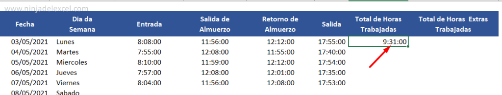 Como Calcular Horas Trabajadas en Excel - Ninja del Excel