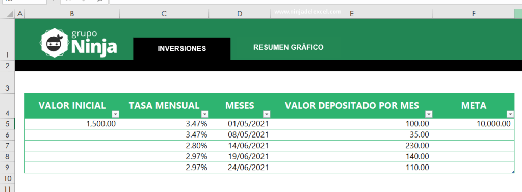 Plantilla de Inversión Simple en Excel (Download) - Ninja del Excel