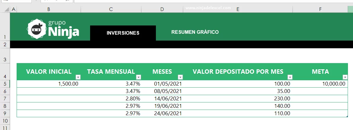 Plantilla de Inversión Simple en Excel (Download) - Ninja del Excel