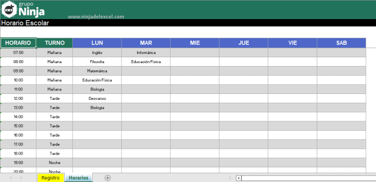 Plantilla de Horario Escolar en Excel - Ninja del Excel