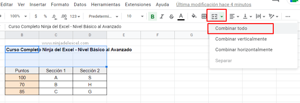 Cómo Combinar Celdas en Google Sheets - Ninja del Excel