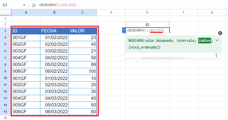 Cómo Usar BUSCARH en Google Sheets - Ninja del Excel