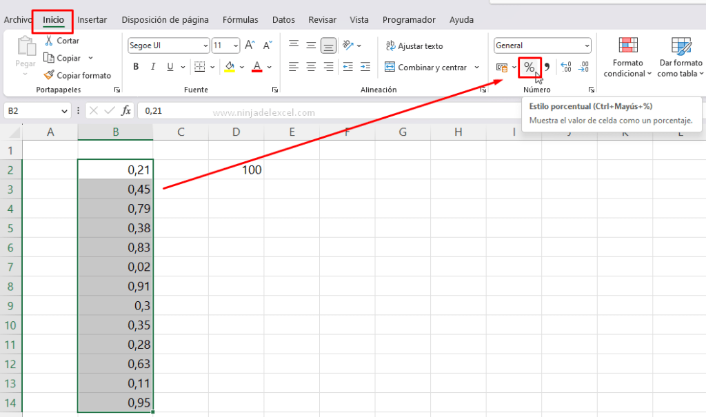 3 Formas de Convertir Números a Porcentajes en Excel - Ninja del Excel